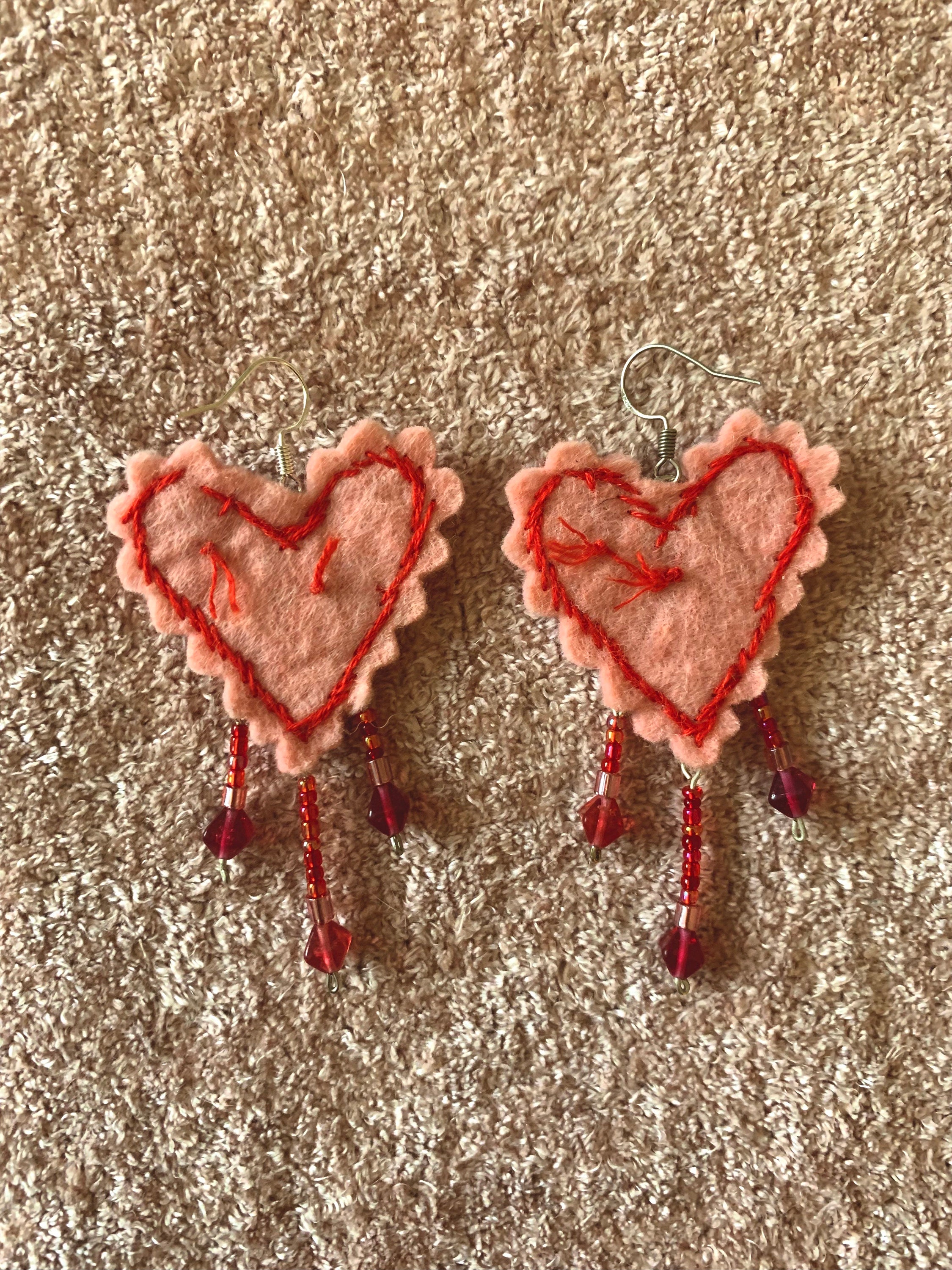 Handmade Red Bleeding Love Heart Earrings/hand Embroidered Felt Goth ...