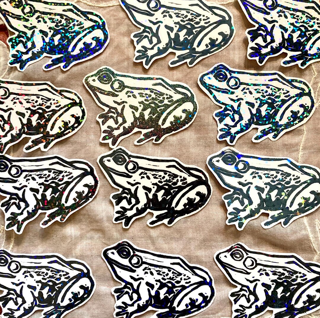 Glittery Frog Sticker // Cute Handmade Black Linocut Block Printed ...