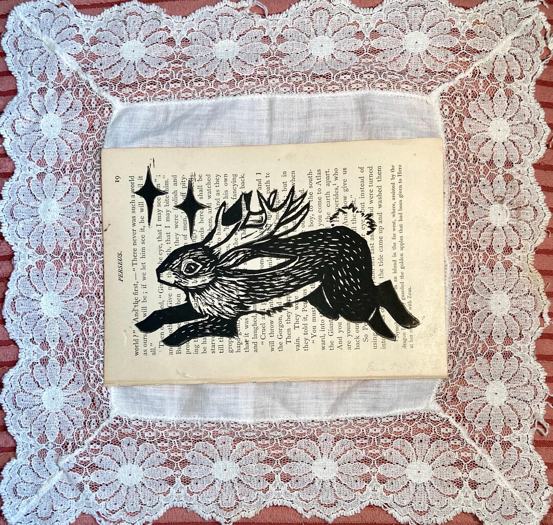Jackalope and Stars Original Art Print// Handmade Linocut Block Print ...