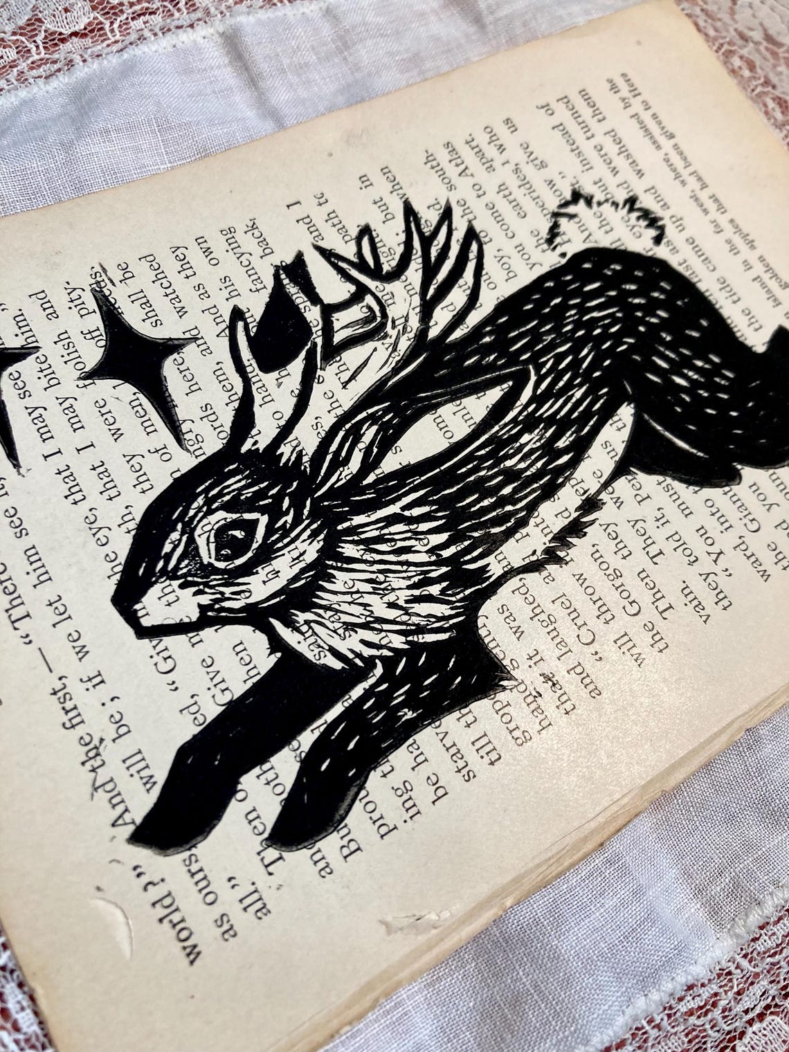 Jackalope and Stars Original Art Print// Handmade Linocut Block Print ...