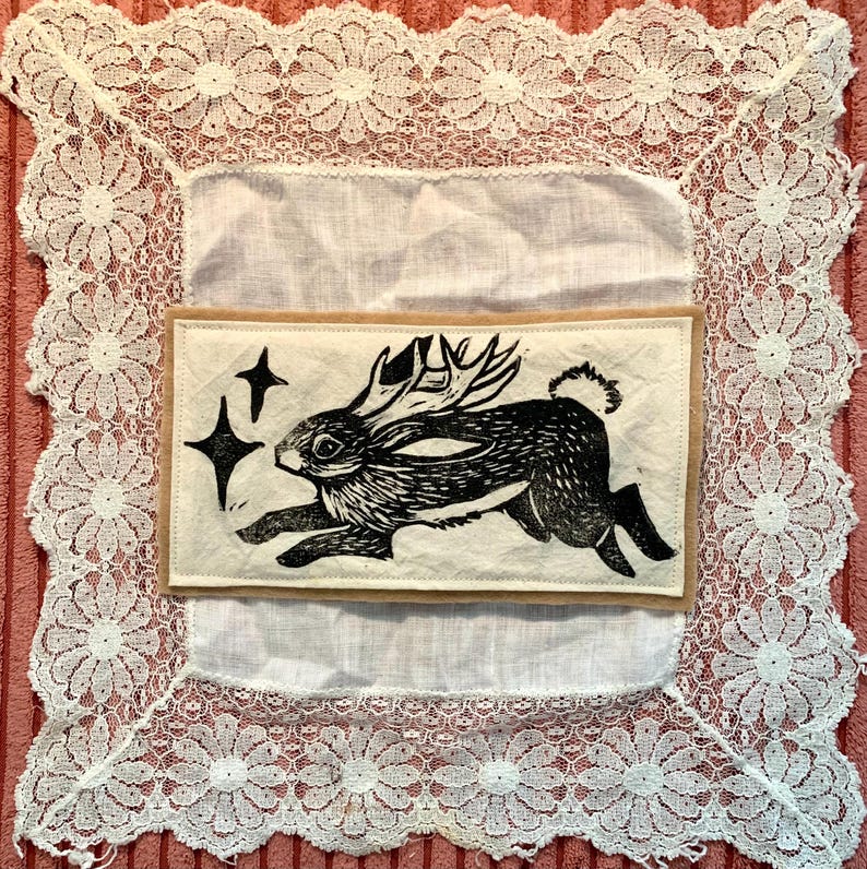 Jackalope and Stars Patch//handmade Black Linocut Block Print Sew on Cryptid Witchy/whimsigoth ...