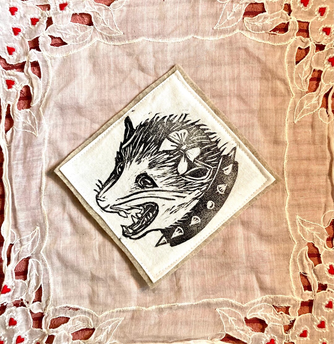 Possum With Spike Collar and Bow Printed Patch//handmade Block Print ...