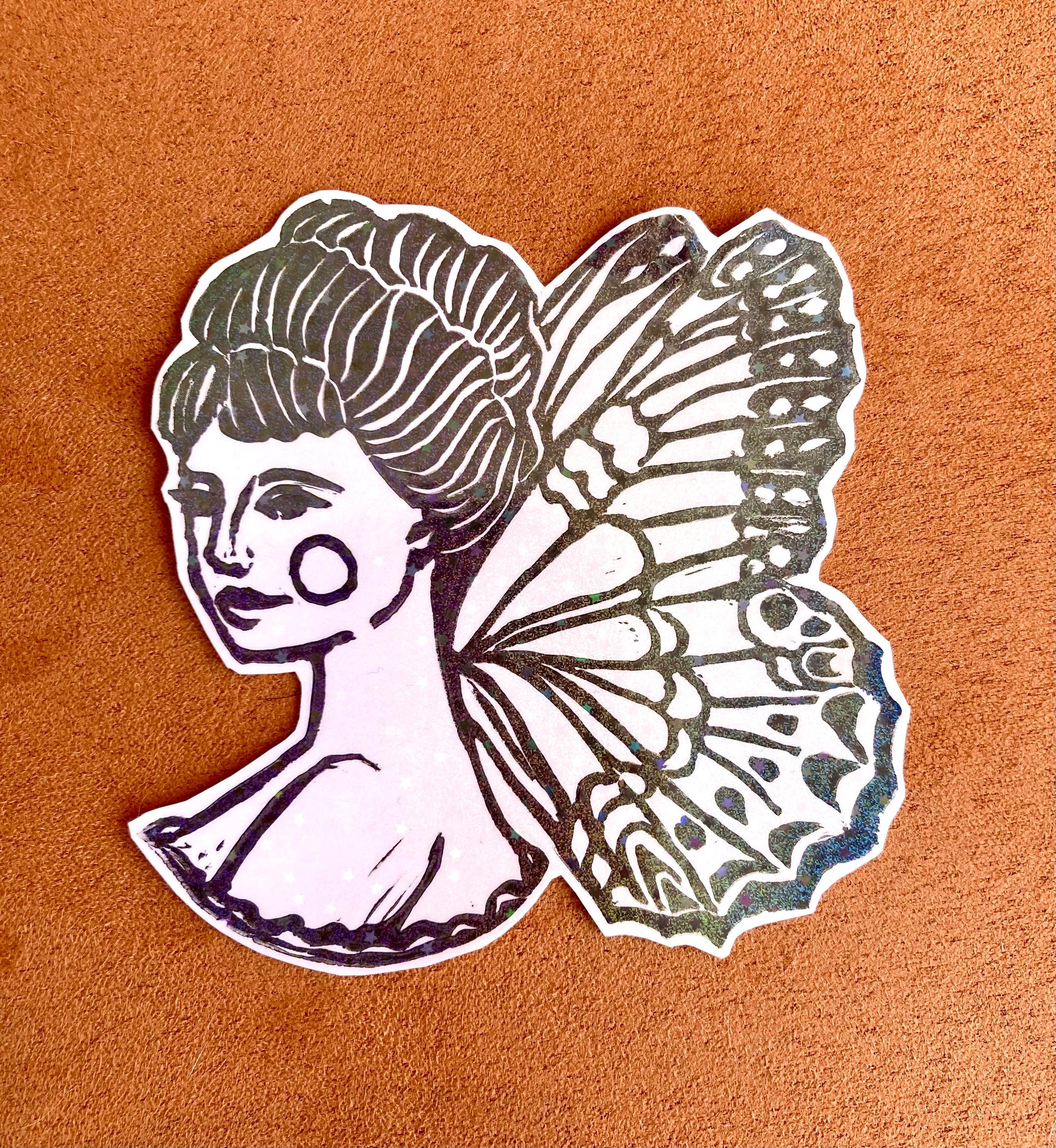 Glittery Fairy Sticker // Handmade Black Linocut Block Printed ...