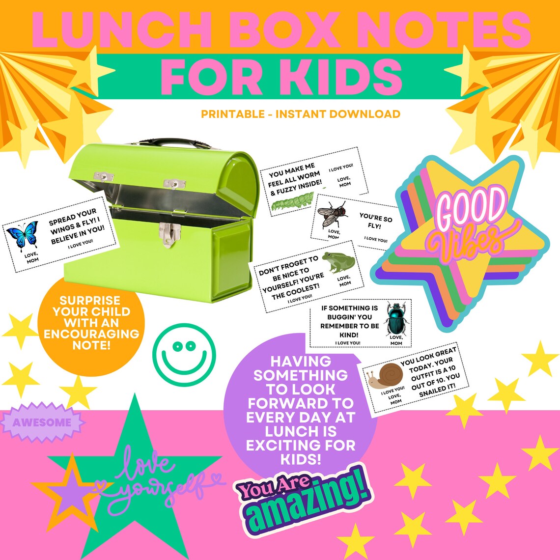 Lunchbox Notes for Kids Digital Download, Instant Printable Notes for ...