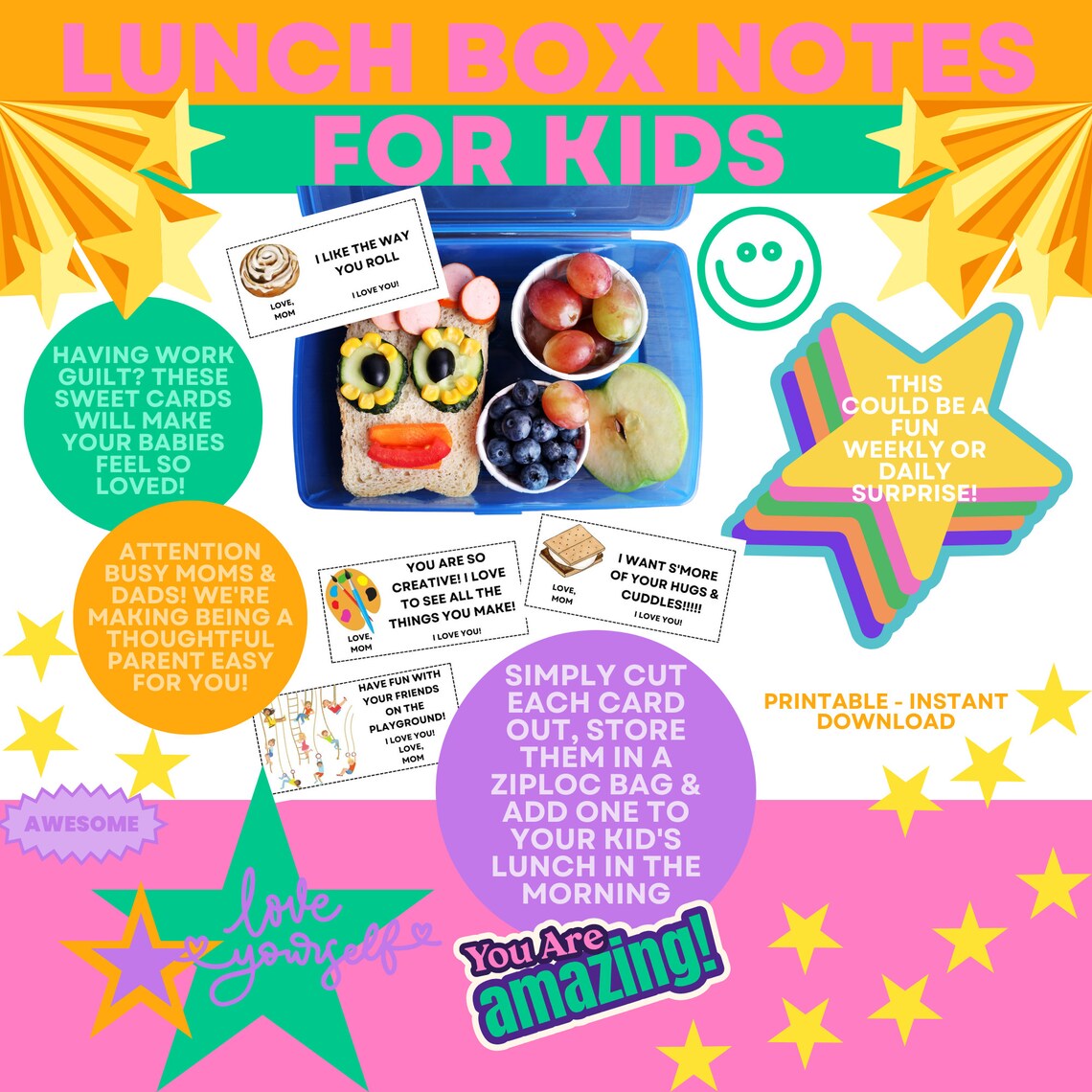Lunchbox Notes for Kids Digital Download, Instant Printable Notes for ...