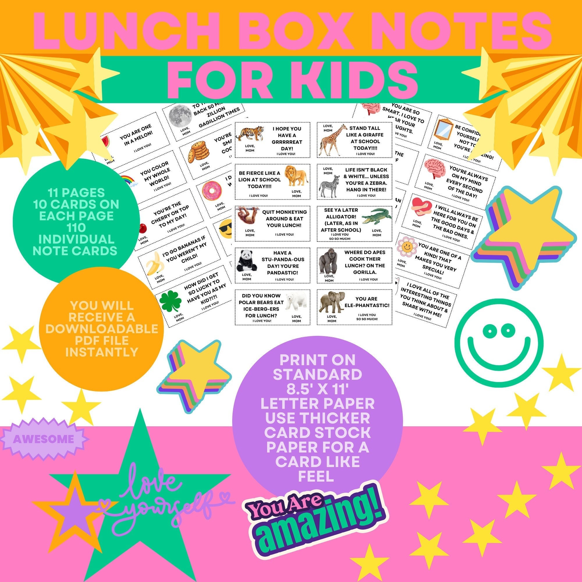 Lunchbox Notes for Kids Digital Download, Instant Printable Notes for ...