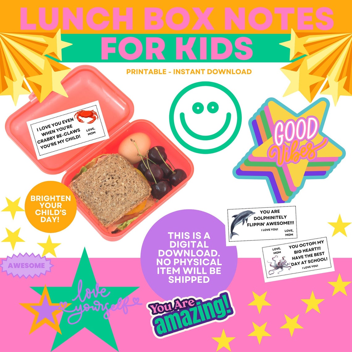 Lunchbox Notes for Kids Digital Download, Instant Printable Notes for ...