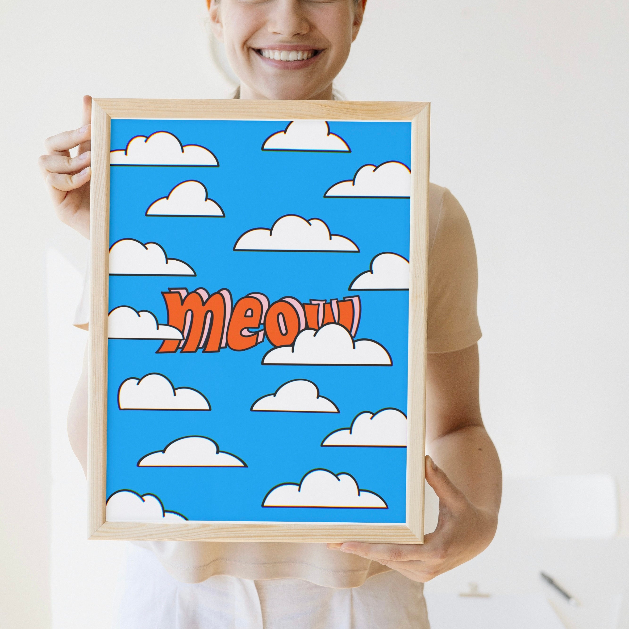 Meow Cat Line Art Print Cat Lover Wall Art Colorful Wall Art for Cat ...