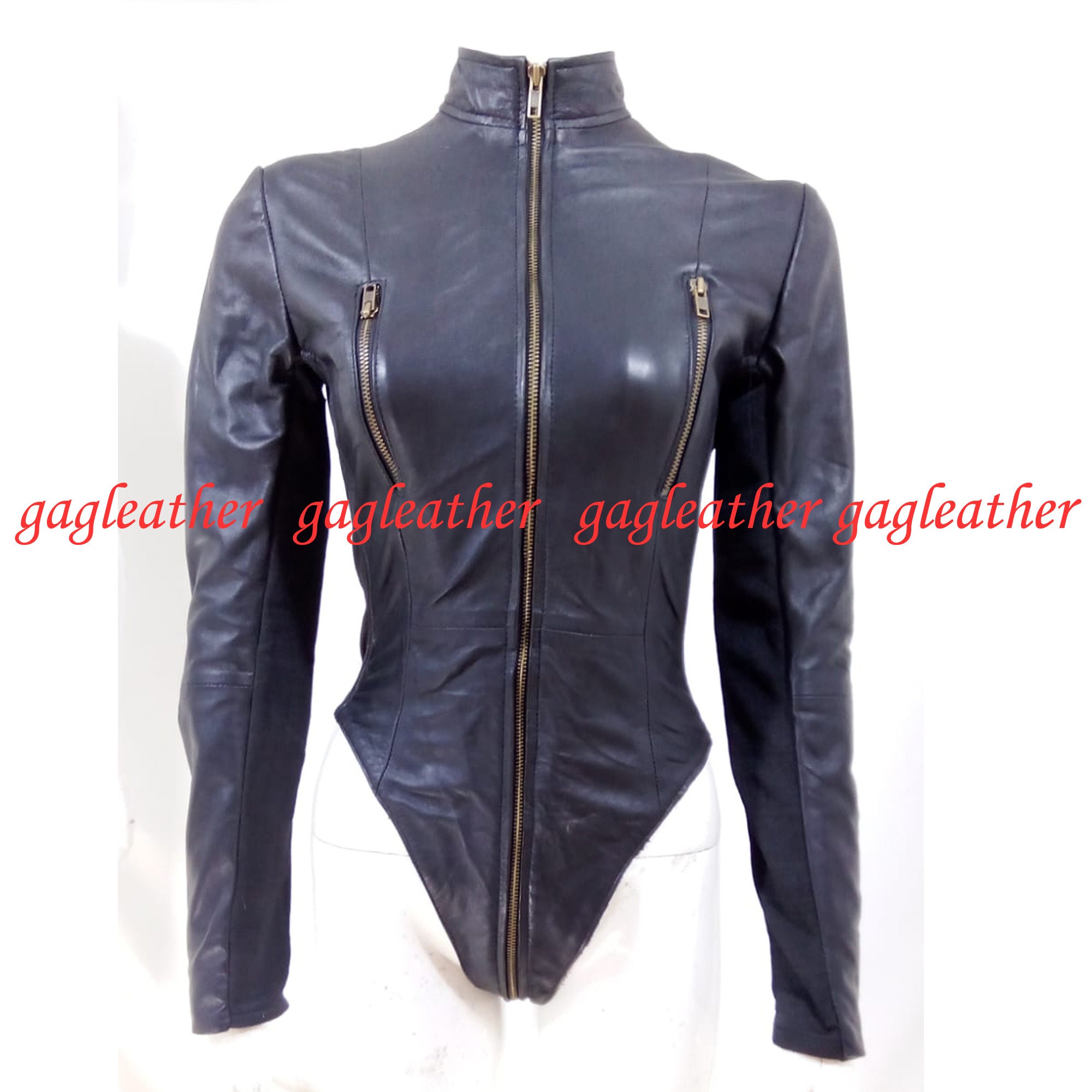 Leather Jumpsuit Romper Women's Bodysuit Black Sexy Cat Suit Zipper ...