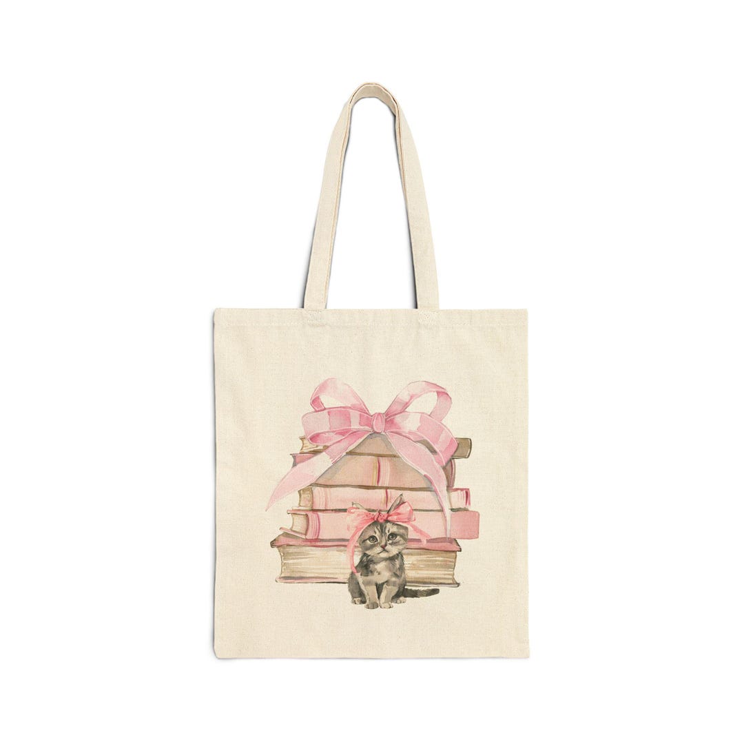 Bookish Cat Tote Bag: Pink Bows, Book Lover Gift - Etsy