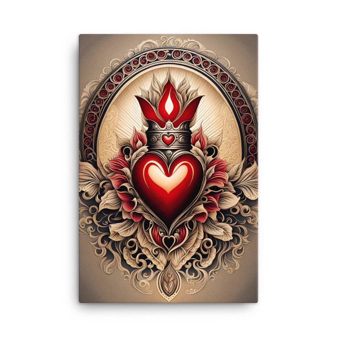 Flame of Faith Sacred Heart Canvas 24x36 Ornate Religious Artwork ...