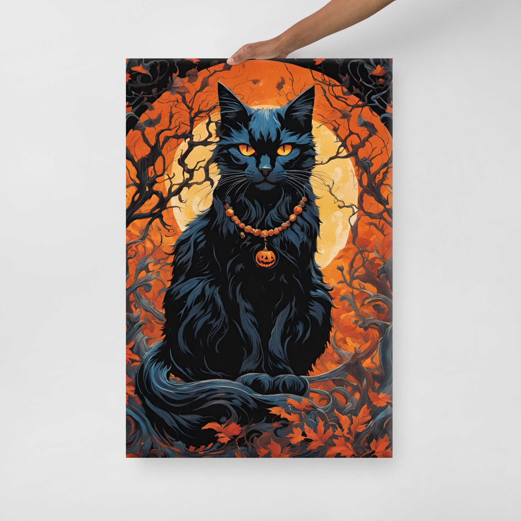 Black Cat Halloween Art Canvas 24x36 Ready to Hang Orange Black ...