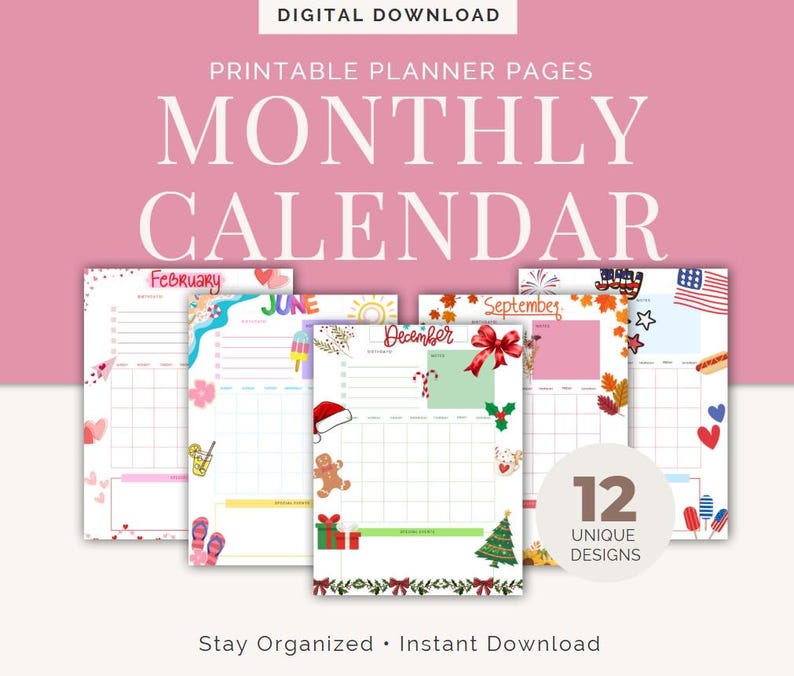 Printable Monthly Planner | Undated Calendar Template | Instant PDF ...