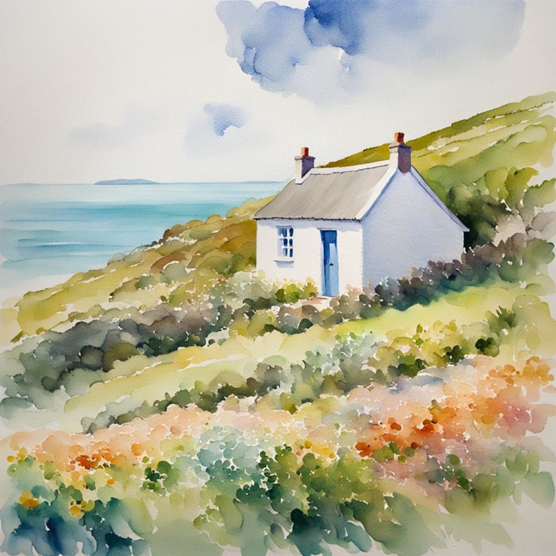 Set of 4 Cornish Seaside Cottage Watercolour Paintings Cornwall England ...