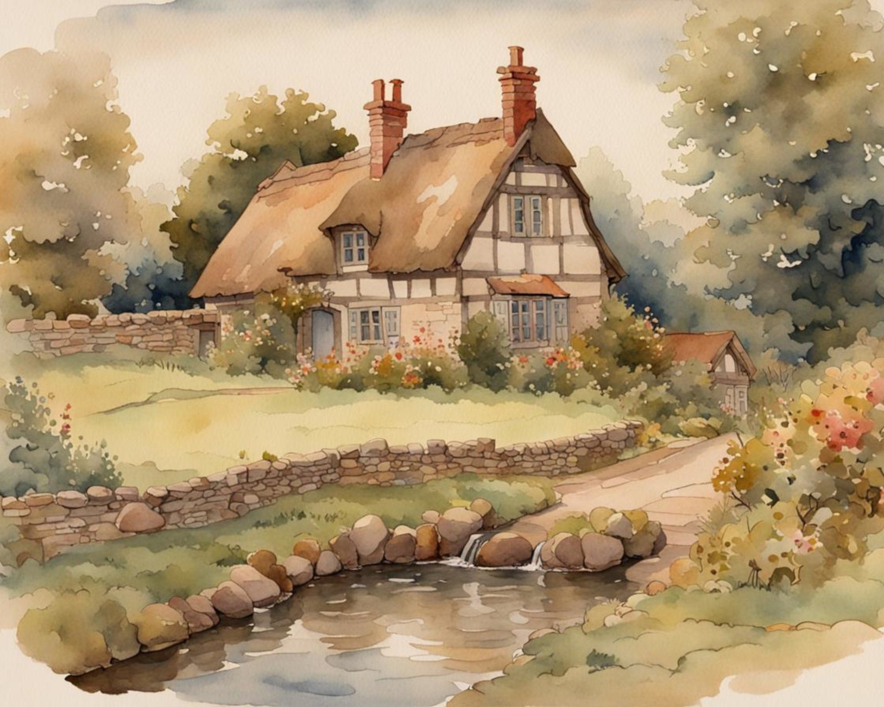 Water Color House Painting | Country Cottage Garden Landscape ...