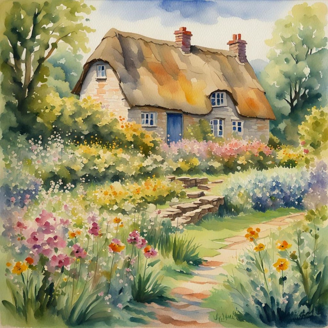 Cotswold Water Color House Painting | Country Garden Landscape ...