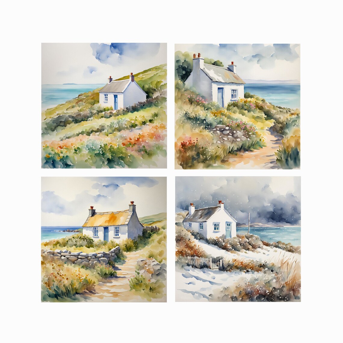 Set of 4 Cornish Seaside Cottage Watercolour Paintings Cornwall England ...
