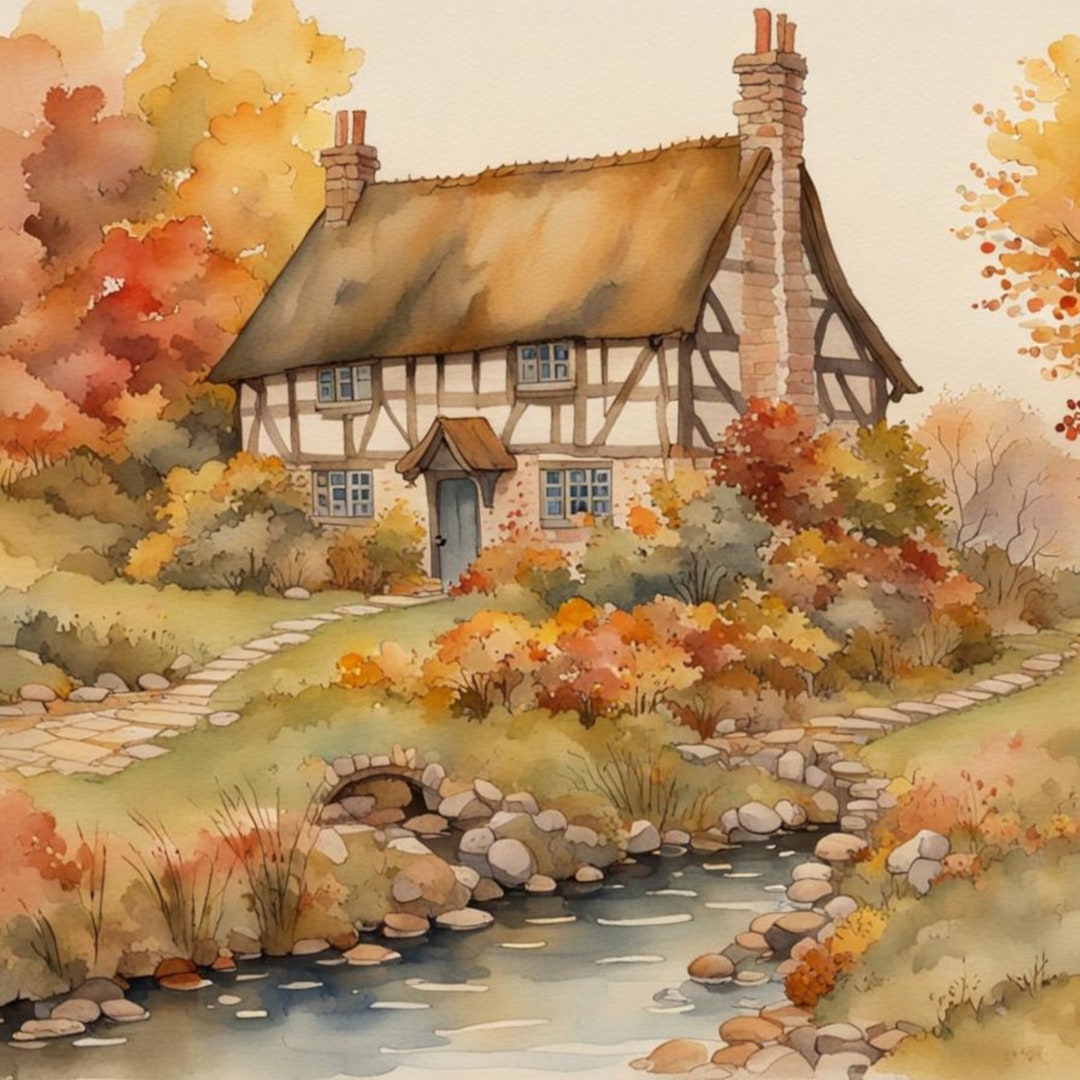 Water Color House Painting | Country Cottage Garden Landscape ...