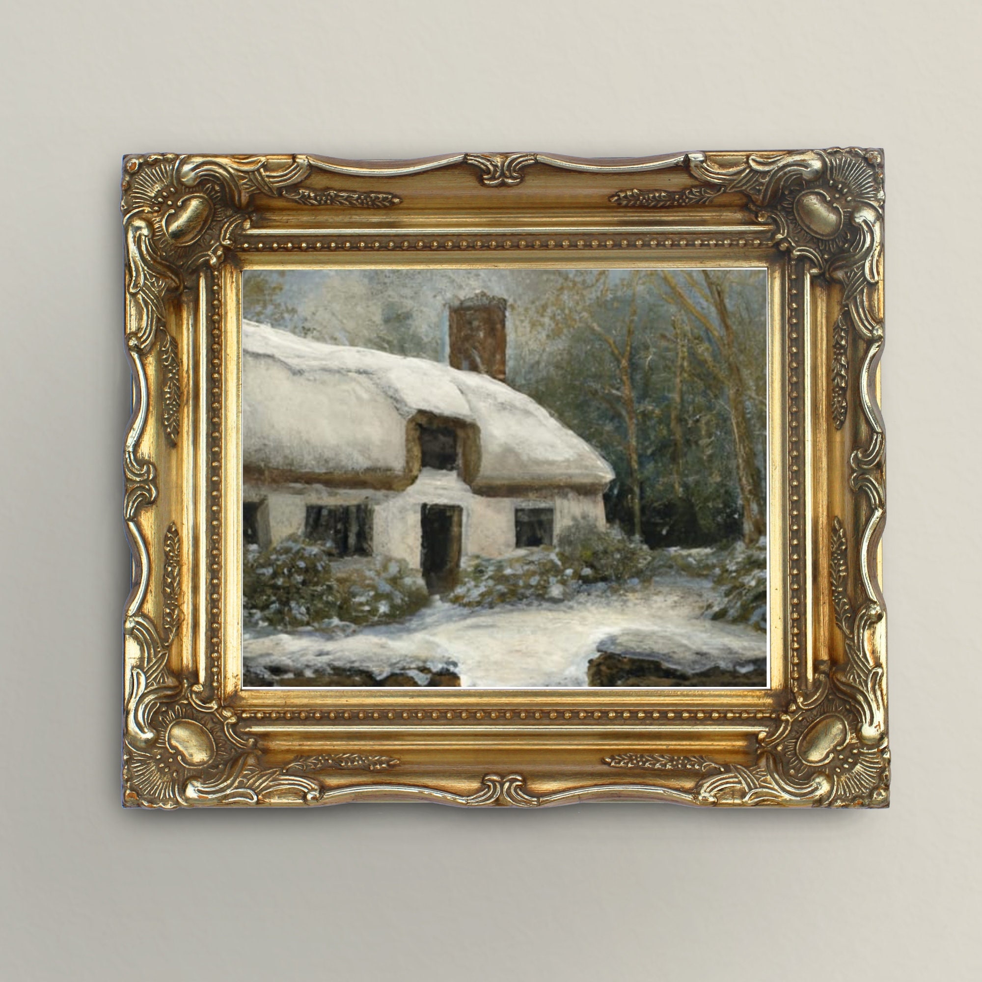 18th Century Thatched Cottage Oil Painting | Snowy Country Garden ...