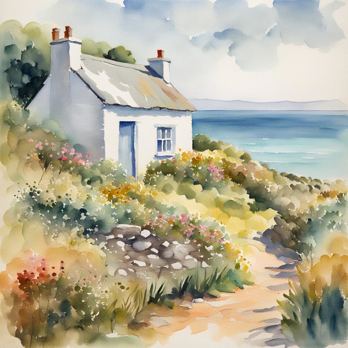 Set of 4 Cornish Seaside Cottage Watercolour Paintings Cornwall England ...