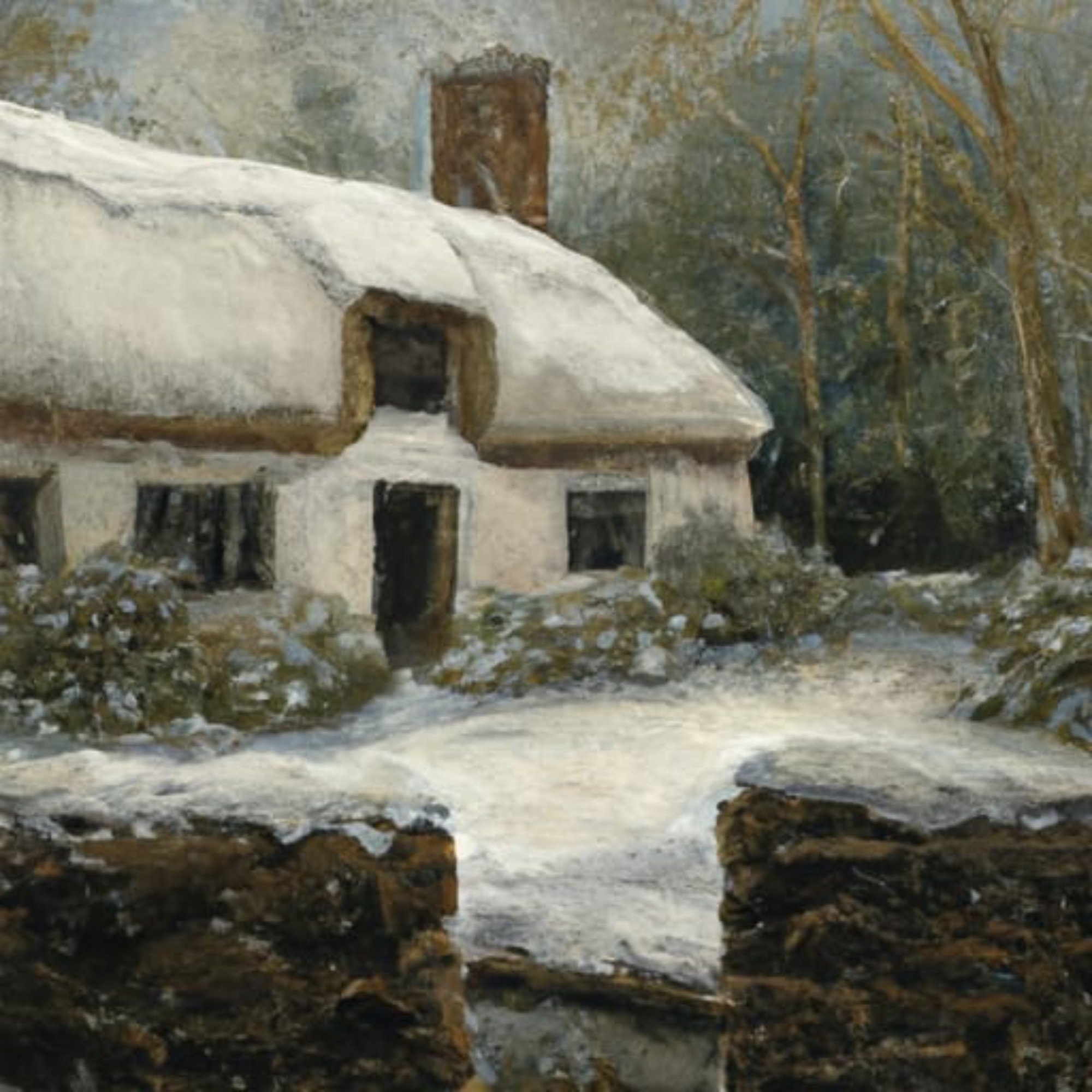18th Century Thatched Cottage Oil Painting Snowy Country Garden ...