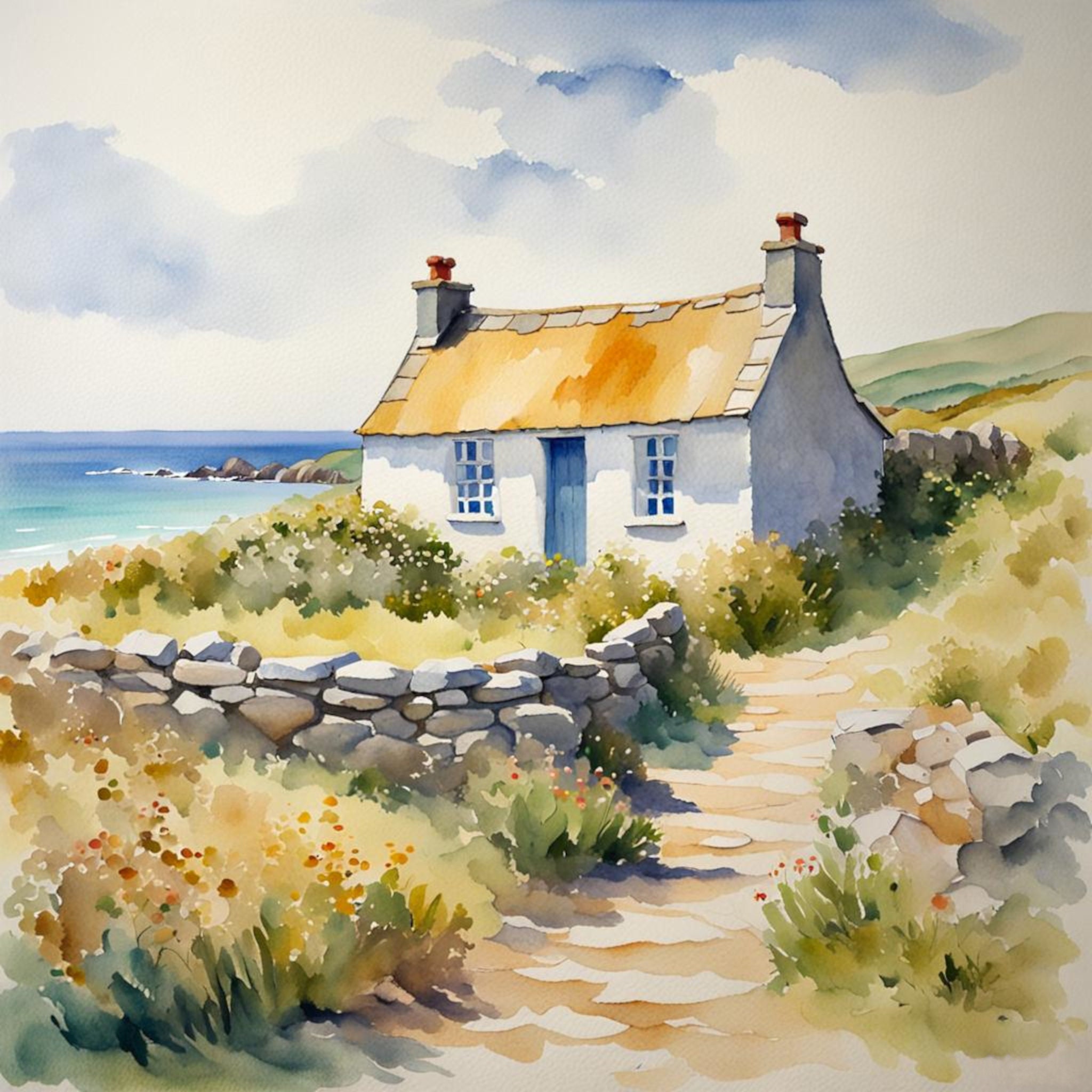 Cornish Seaside Cottage Watercolour Painting | Cornwall England | House ...
