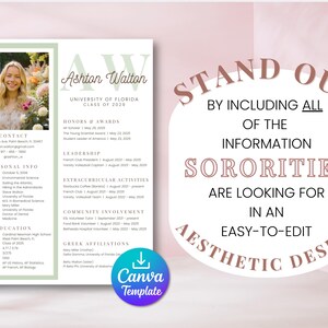 Editable Sage Green Sorority Resume Template, Canva Design With Photo ...