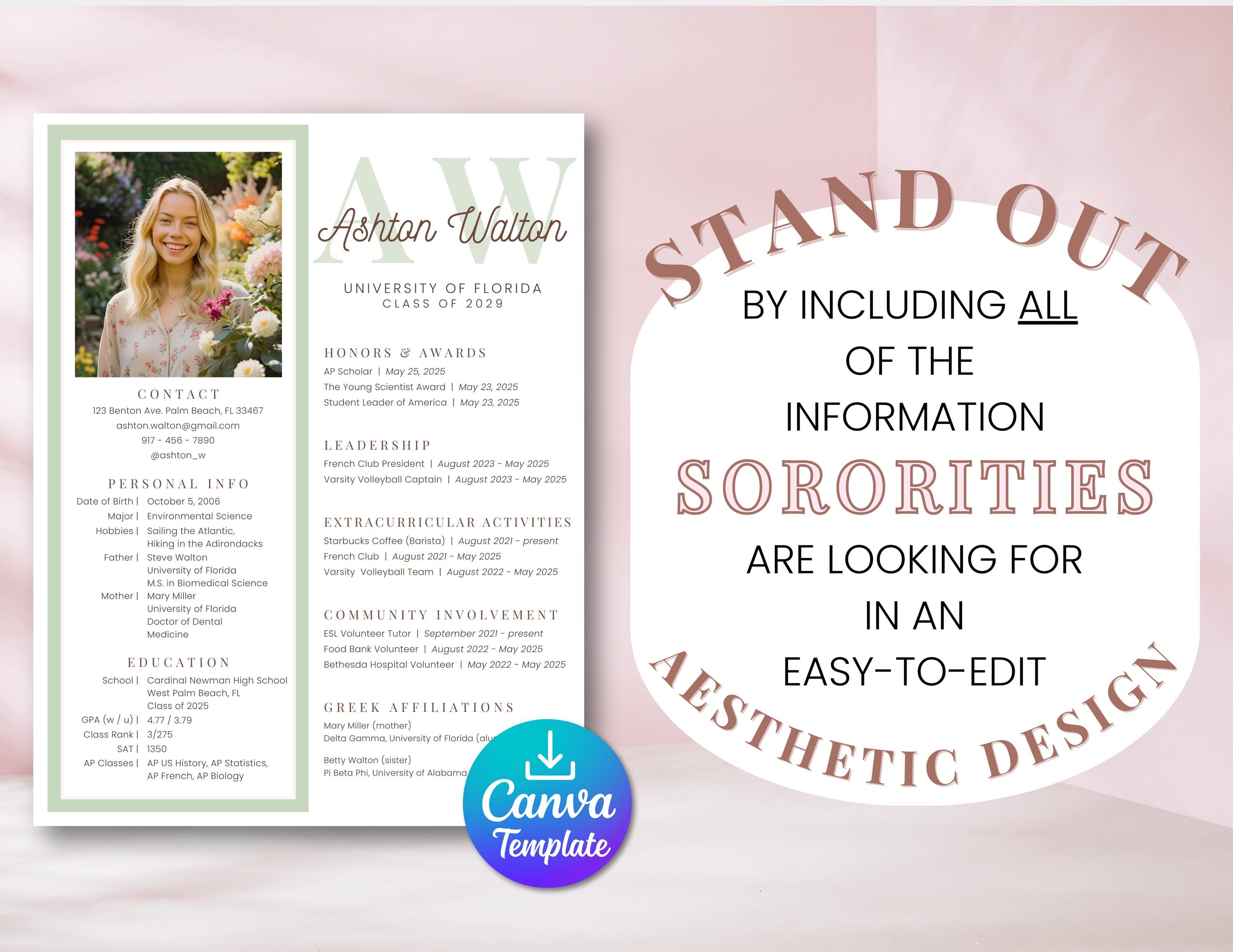 Editable Sage Green Sorority Resume Template, Canva Design With Photo ...