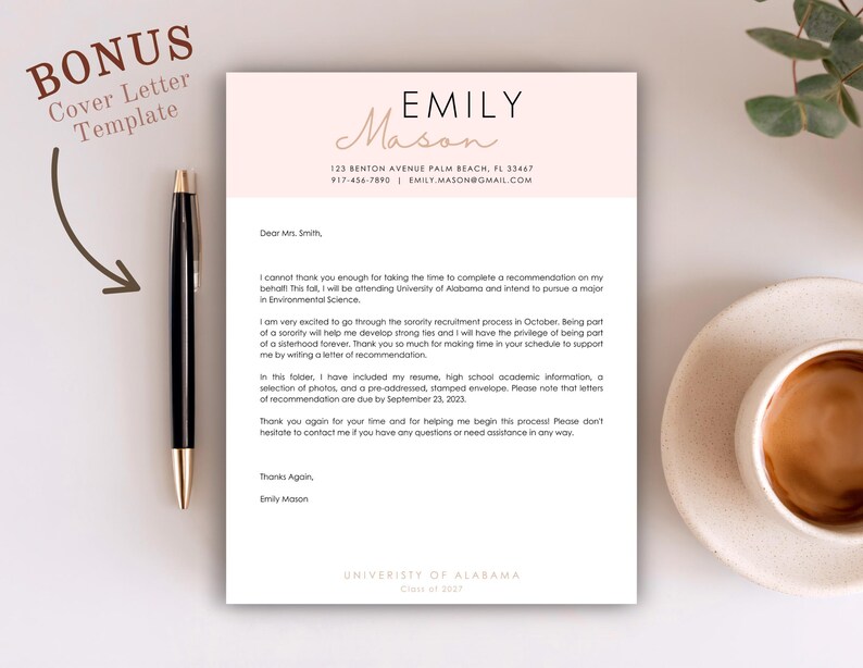Sorority Rush Resume Template With Photo and Cover Letter; Cute Modern ...