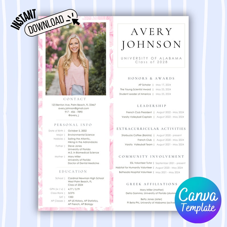 Sorority Rush Resume Template, Customizable PNM Recruitment CV for ...