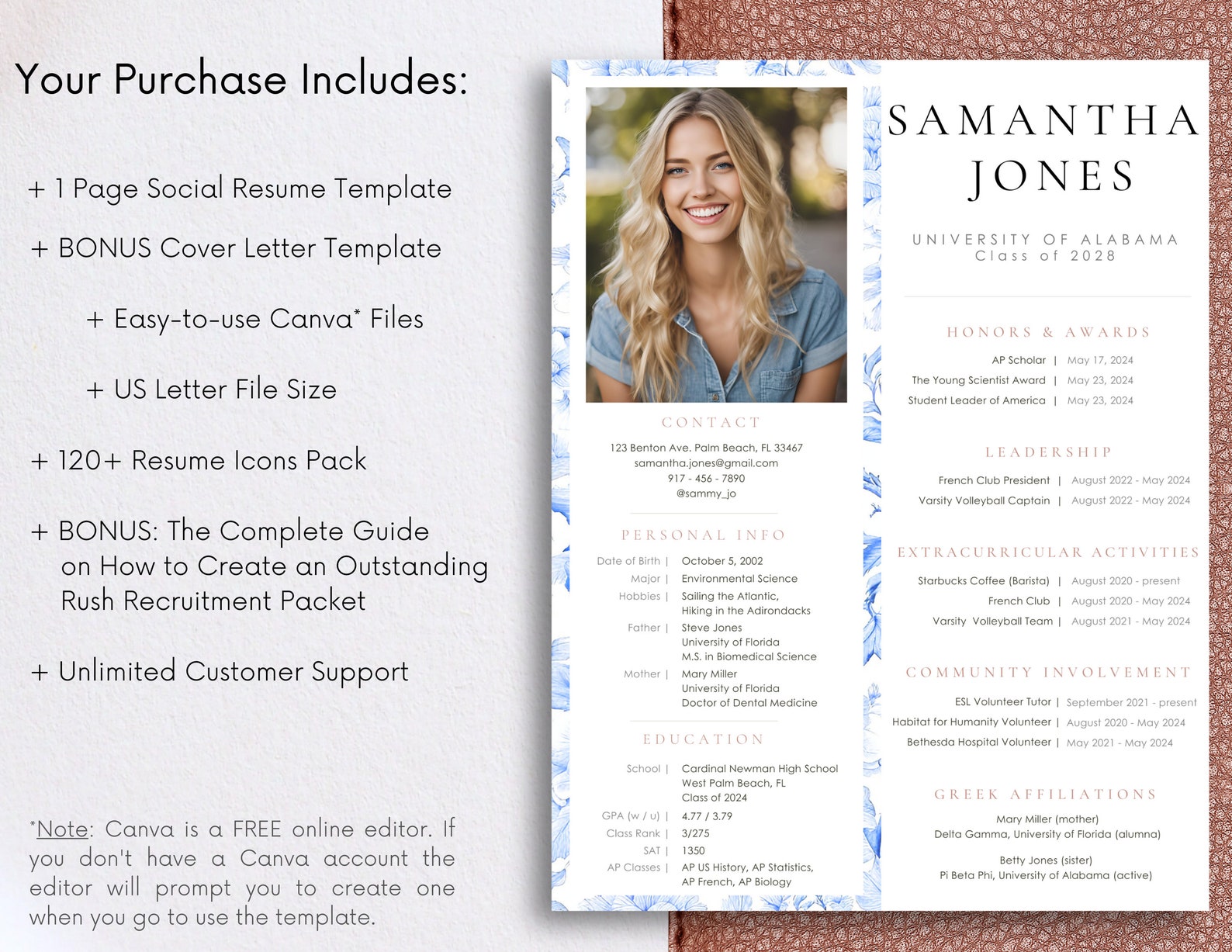 Sorority Resume Template With Photo; Rush Resume Template and Cover ...