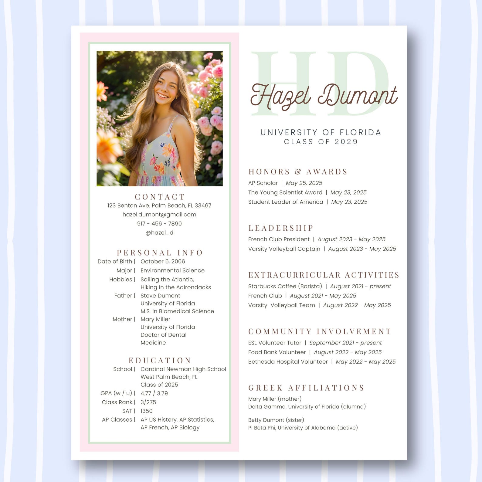 Editable Pink Green Sorority Resume Template, Canva Design With Photo ...
