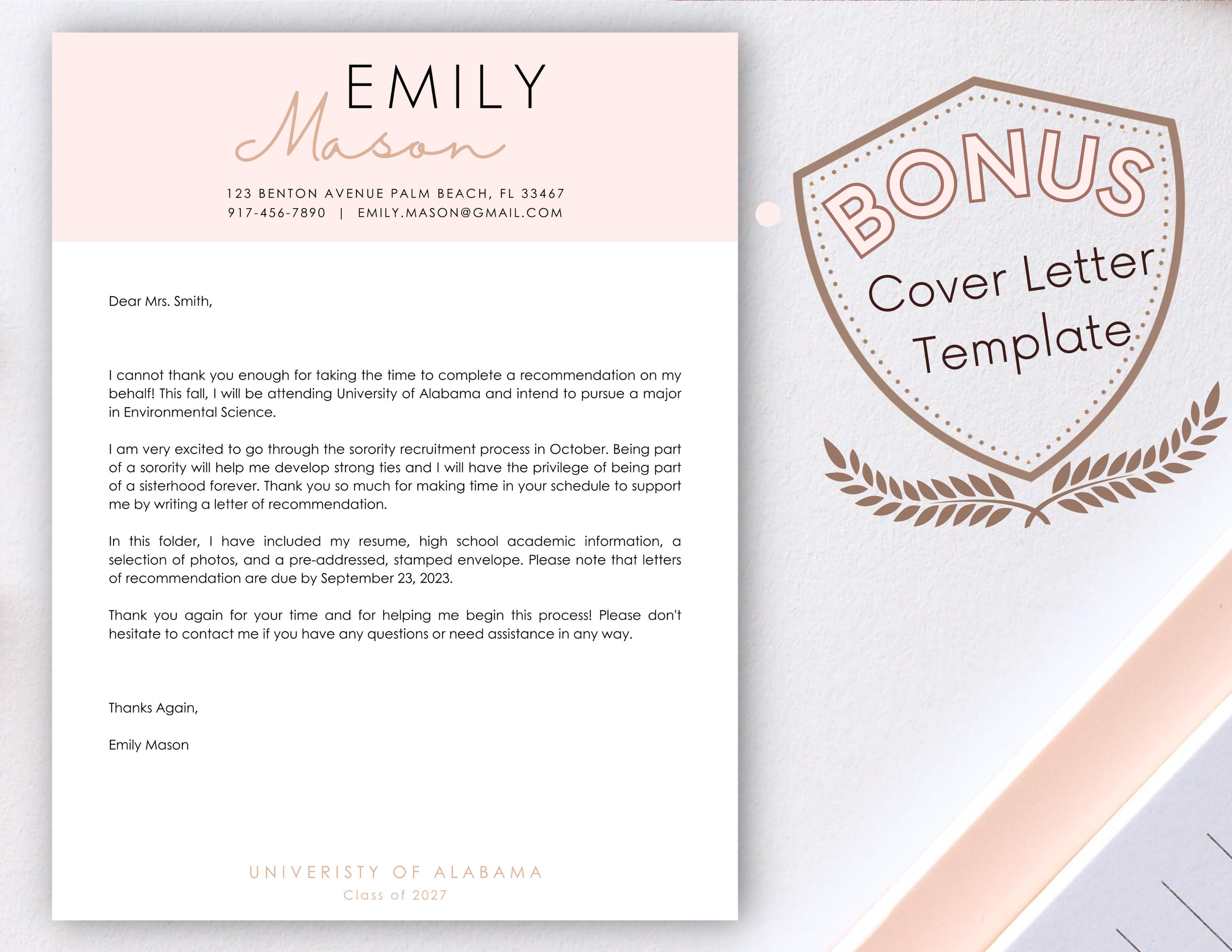 Sorority Resume Template With Photo Rush Resume Template and Cover Letter Cute Modern Pink ...