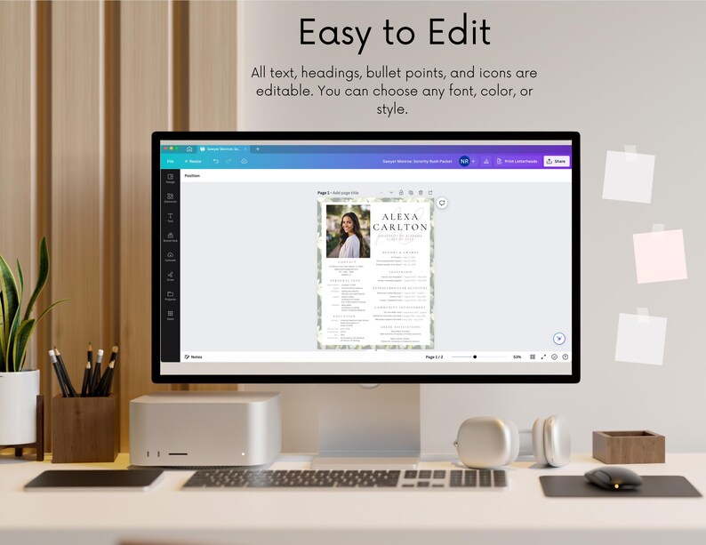 Green Floral Sorority Resume Template With Photo; Aesthetic Rush Resume ...