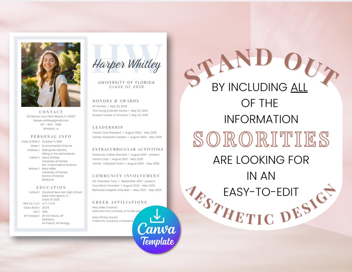 Editable Blue Sorority Resume Template, Cute Canva Design With Photo ...