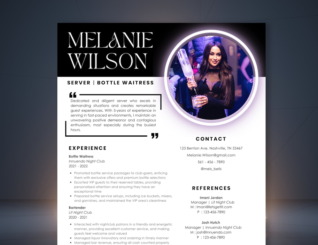 Customizable Bottle Girl, Waitress, Bartender Resume Template With ...
