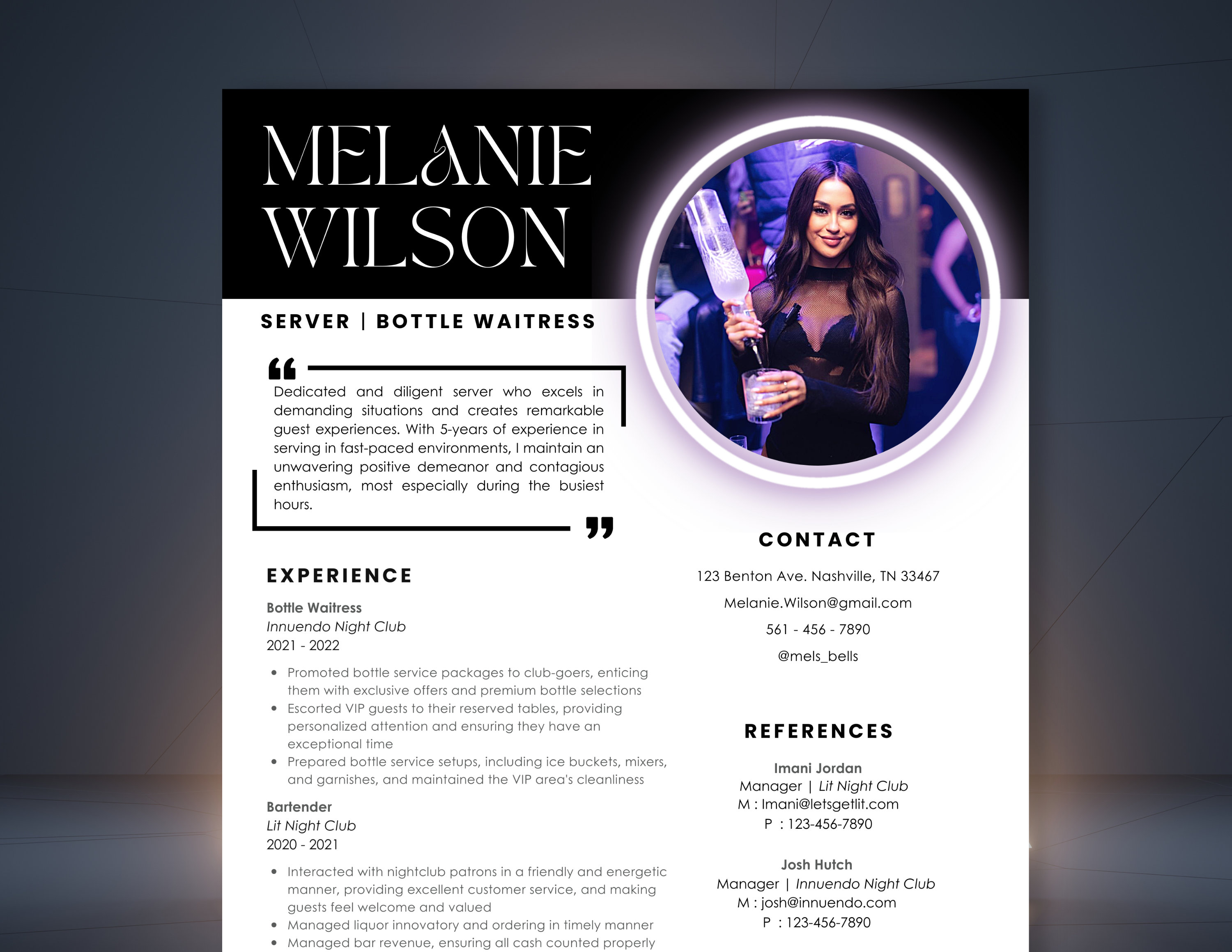Customizable Bottle Girl, Waitress, Bartender Resume Template With ...