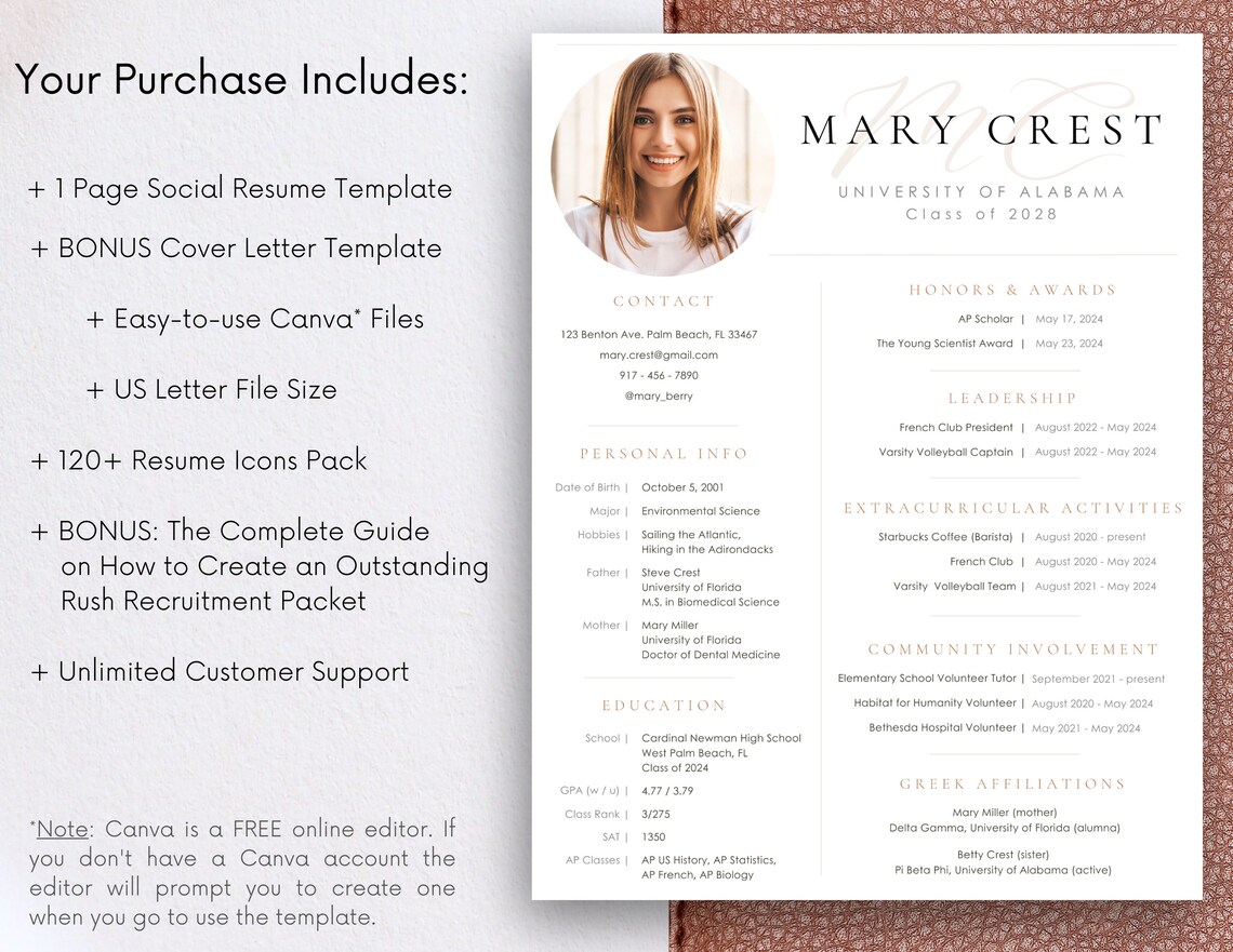 Sorority Resume Template With Photo; Rush Resume Template and Cover ...