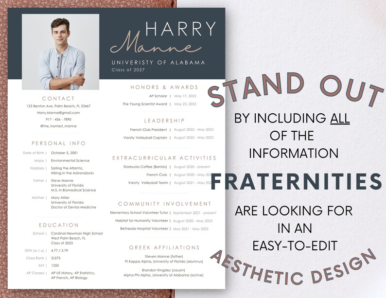 Fraternity Photo Resume Template; Social Resume Template and Cover ...