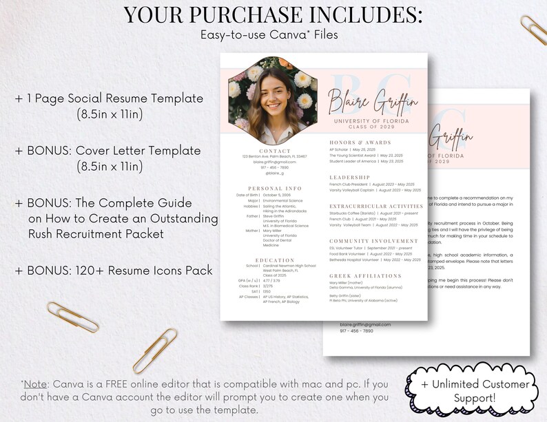 Editable Pink Sorority Resume Template, Canva Design With Photo ...