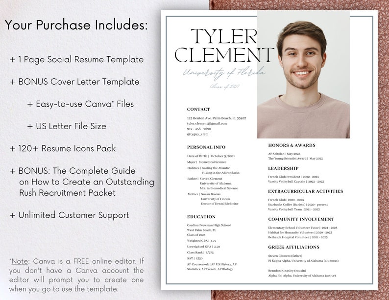 Fraternity Resume Template With Photo; Social Resume Template and Cover ...