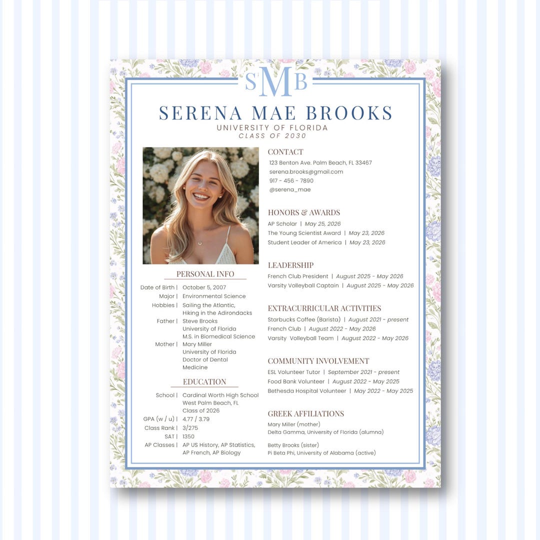 Preppy Floral Monogram Sorority Resume Template With Photo, Recruitment ...