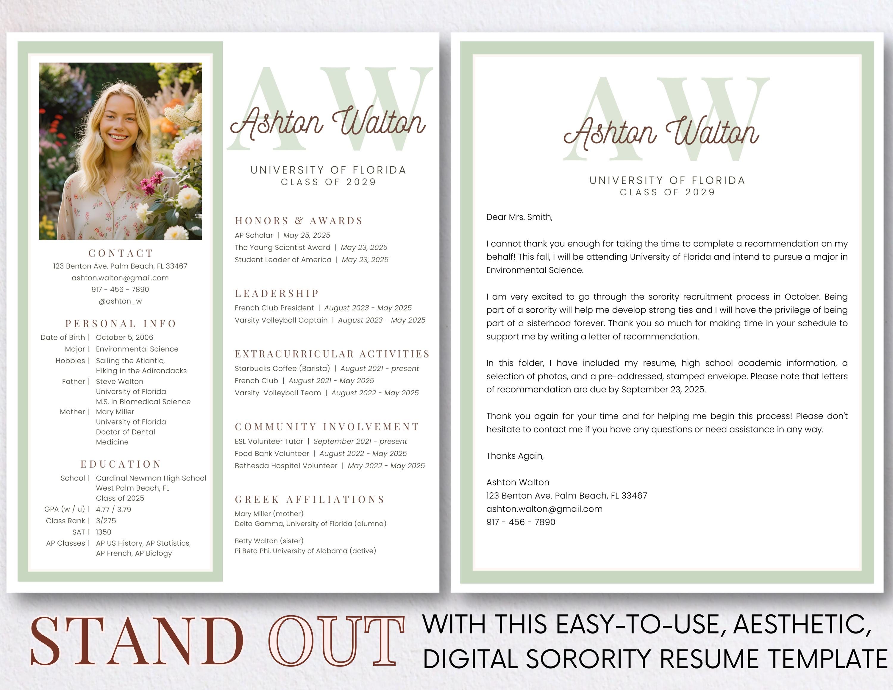Editable Sage Green Sorority Resume Template, Canva Design With Photo ...