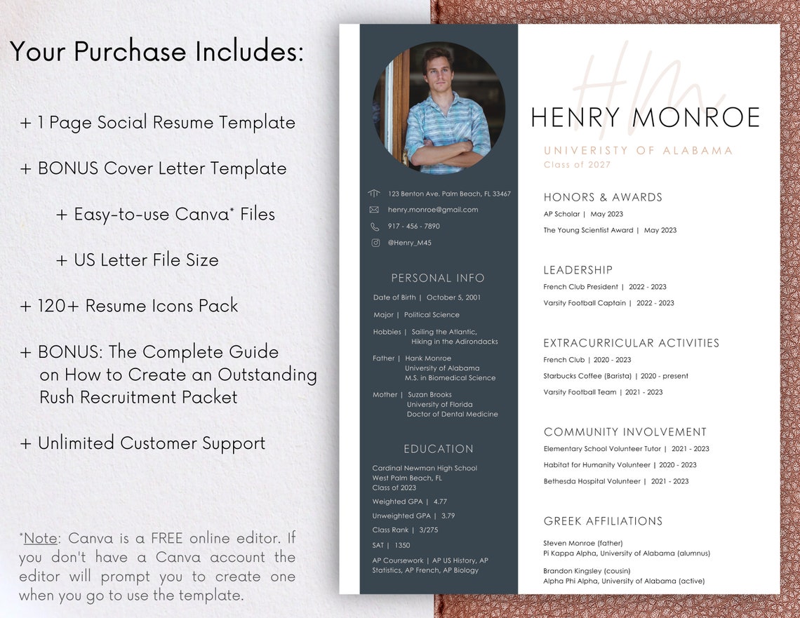Fraternity Resume Template With Photo; Social Resume Template and Cover ...