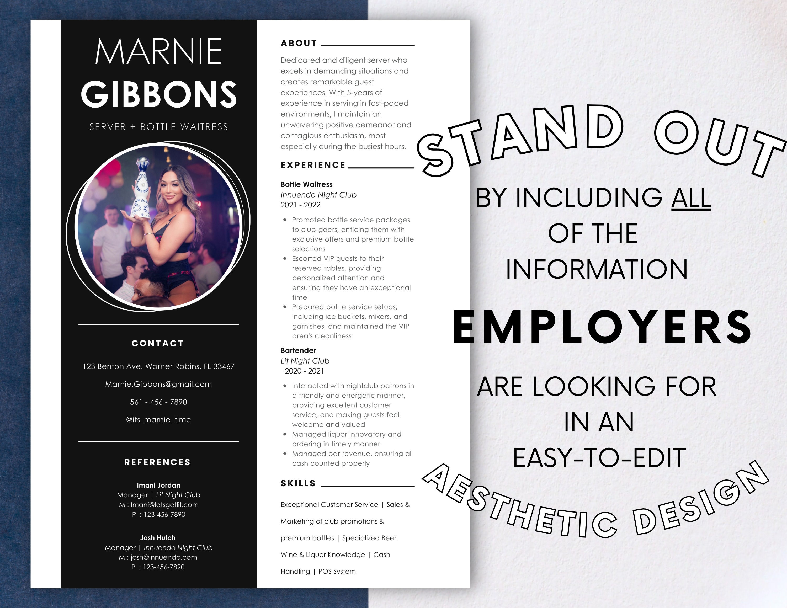 Customizable Bottle Girl, Waitress, Bartender Resume Template With ...