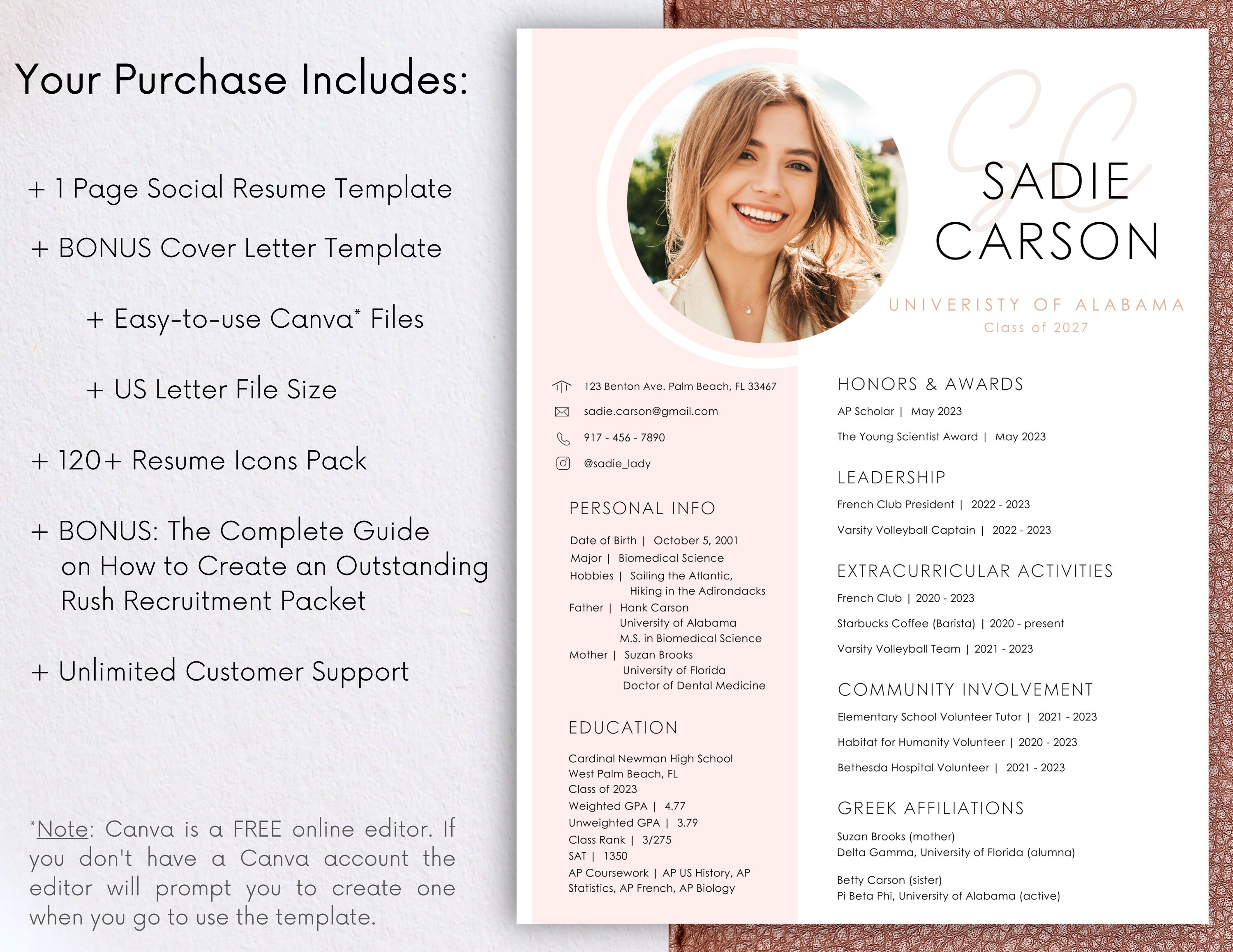 Sorority Resume Template With Photo; Rush Resume Template and Cover ...