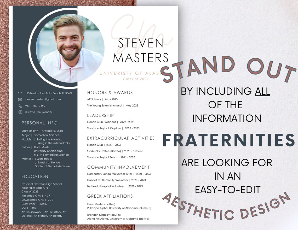 Fraternity Resume Template With Photo; Social Resume Template and Cover ...