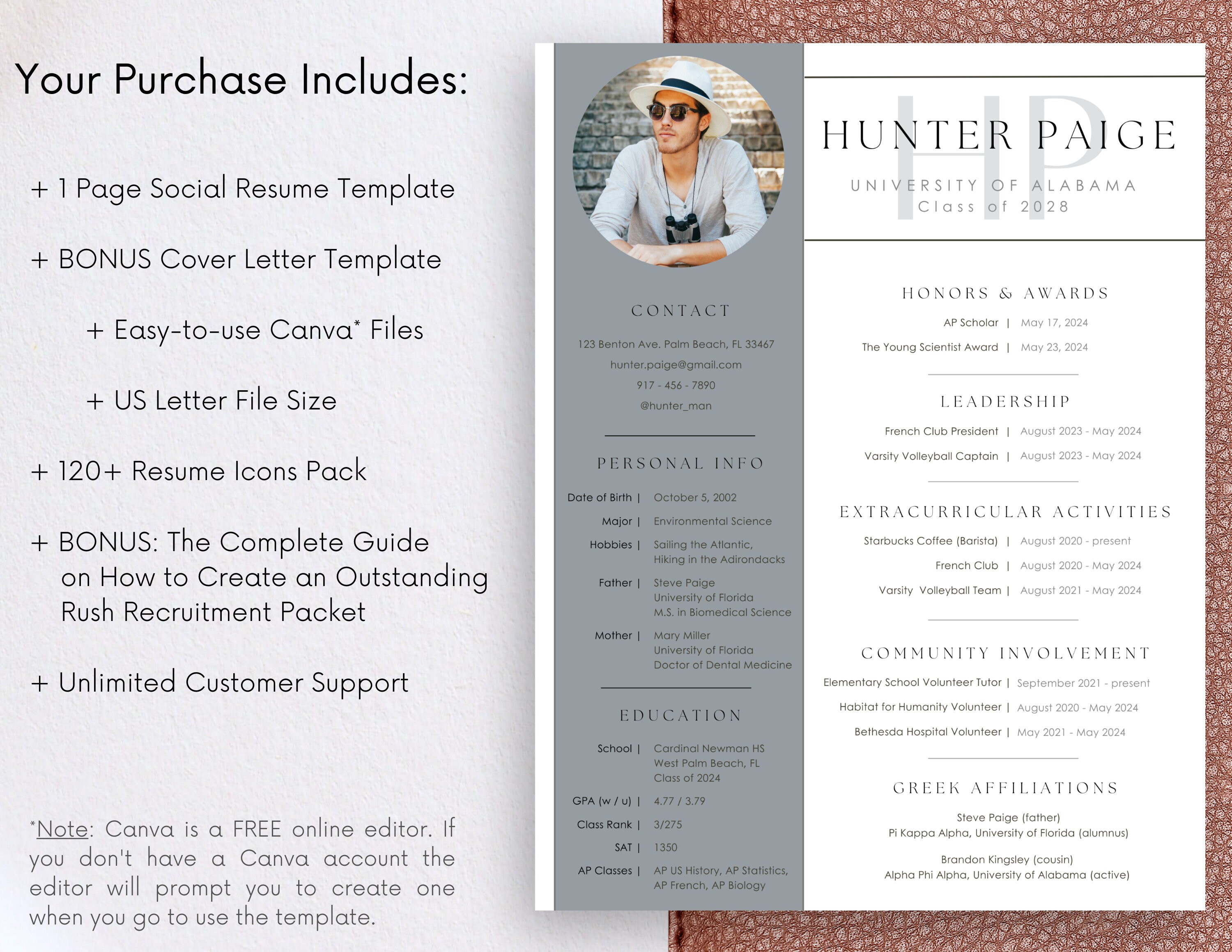 Fraternity Resume Template With Photo; Social Resume Template and Cover ...