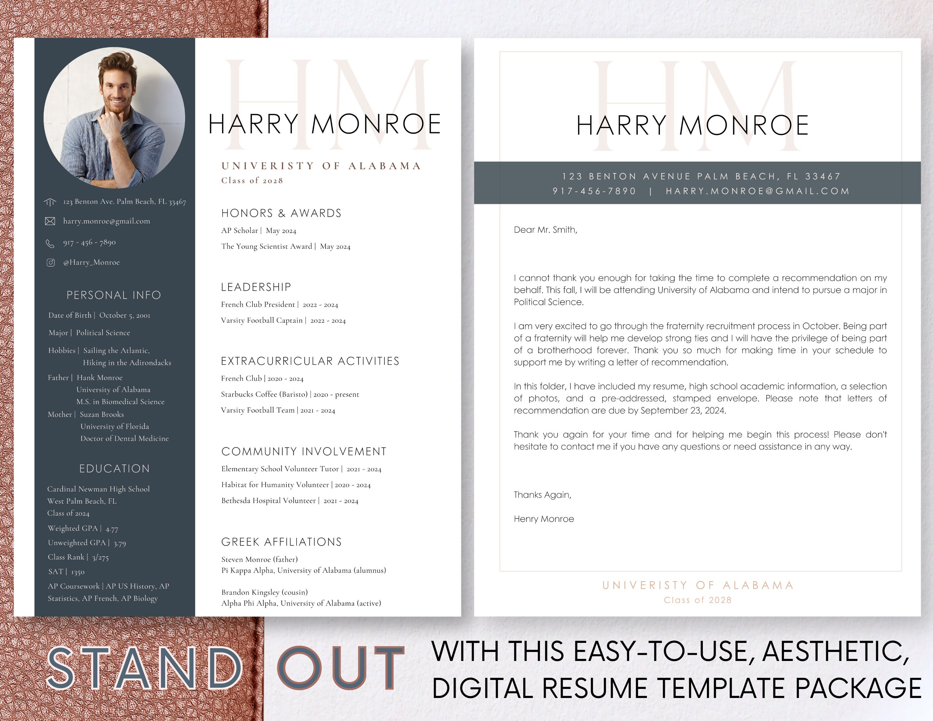 Fraternity Resume Template With Photo; Social Resume Template and Cover ...