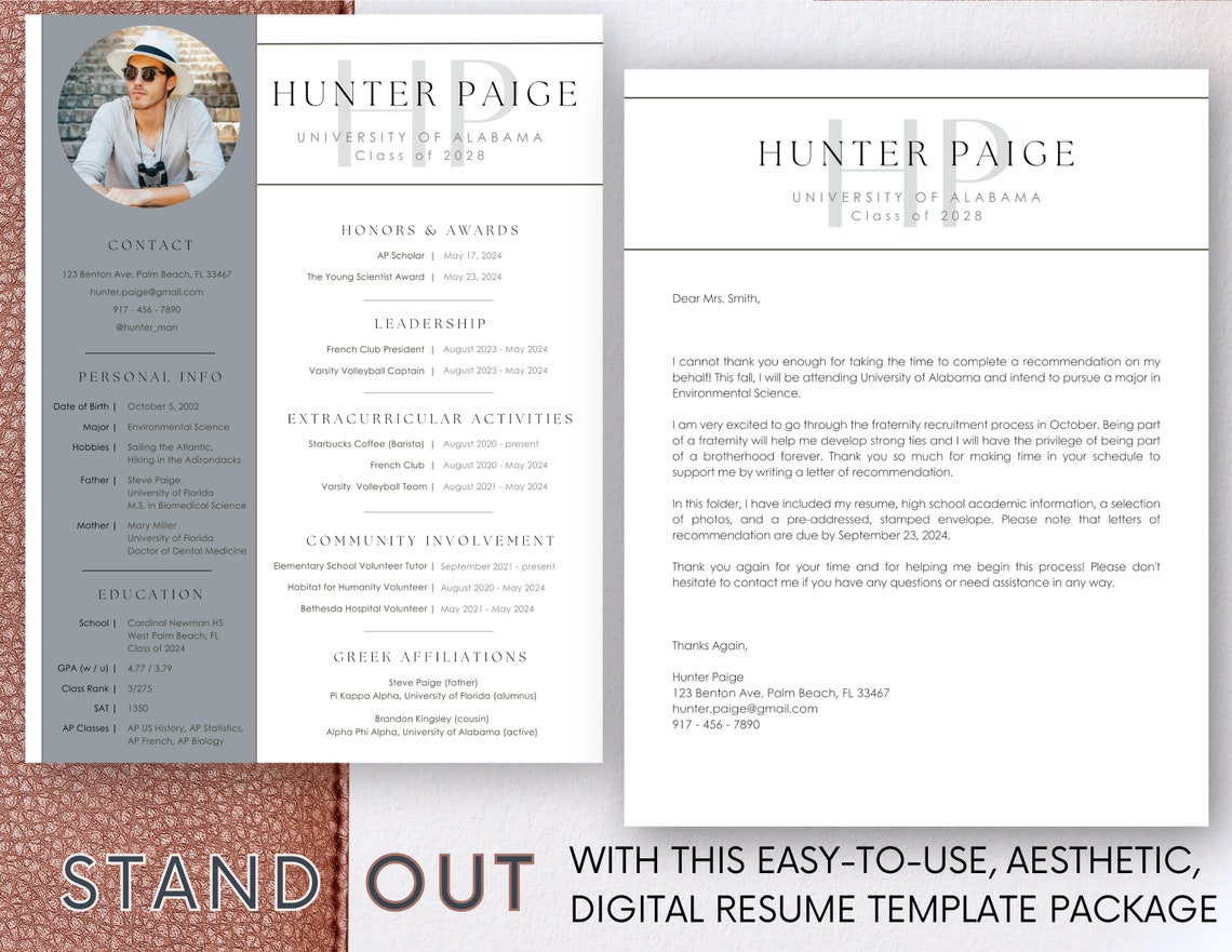 Fraternity Resume Template With Photo; Social Resume Template and Cover ...